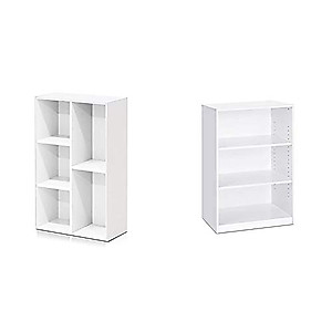 Furinno 5-Cube Open Shelf, White & Jaya Simple Home 3-Tier Adjustable Shelf Bookcase, White