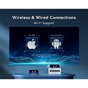 Emotn C1 Mini WiFi Projector, 1080P Supported Portable Projector, 8500Lux Bluetooth 5.1 200" Movie Projector with HiFi Speaker, 50000H Lamp Life, Compatible with Smartphone/TV Stick/HDMI/USB/VGA/PS4