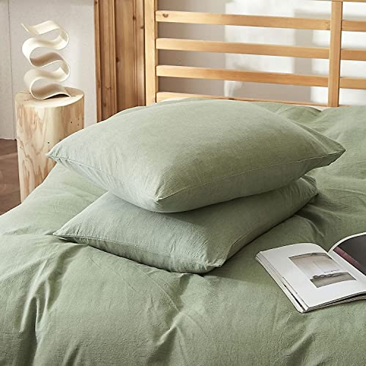 Modern Style Sage Green Duvet Cover Queen Size 100% Washed Cotton Light Green Bedding Sets Hotel Quality Solid Color Comforter Cover 1 Queen Duvet Cover with 2 Pillowcases Green Bedding Cover Set