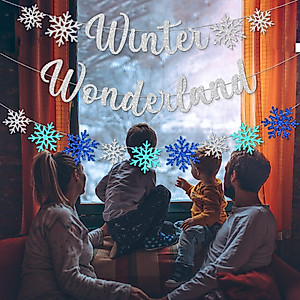 3Pcs Winter Wonderland Banners, Glittery Snowflake Banner Christmas Decorations Banners Winter Holiday Garland Photo Props Banner for Party Home Decorations