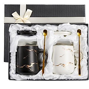 ZENFUN 2 Pack Ceramic Coffee Mugs with Gift Box, 13.5 Oz Porcelain Mugs Set with Lid and Gold Spoon, Luxury Marbling Black and White Couple Mugs Gift, Valentine's, Office and Home, Mother's Day