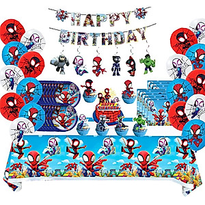 Spidey and His Amazing Friends Birthday Party Supplies Decorations Set with Tablecloth,Plates,Napkins, Banner, Balloons, Hanging Swirls, Cake Cupcake Toppers for Boys Girls Spidey-Theme Party
