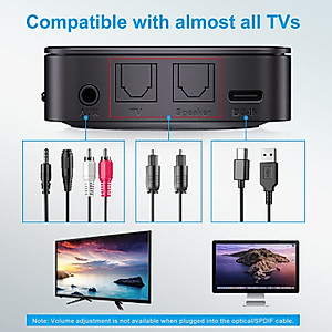 Bluetooth Transmitter Receiver, Wireless Bluetooth Transmitter for TV/PC, Bluetooth Receiver for Speakers and Home Stereo, 450mAh Large -Capacity Battery, Supports 3.5mm AUX, RCA, Optical Port (Black)