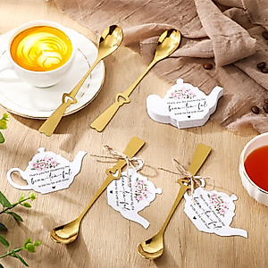 Skybooly 50 Sets Bridal Shower Tea Party Favors for Guests Mini Coffee Spoons Small Tea Spoons Heart Spoon with Teapot Idea Thank You Cards and Hemp Rope Wedding Souvenirs Tea Party Supplies