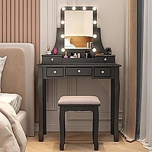 Vanity Desk with Mirror and Lights,Makeup Vanity with Lights Makeup Dressing Table Vanity Table with Lights 10 Bulbs and 5 Drawers,Detachable Top and 360 Rotation Mirror,Modern Dresser Desk (Black)
