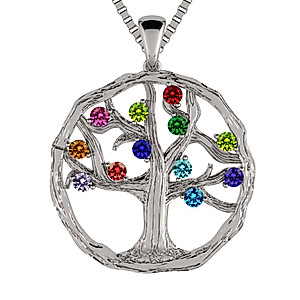 Central Diamond Center Tree of Life Mothers Birthstone Necklace w/ 1-12 Simulated Birthstones- Platinum Plated Silver