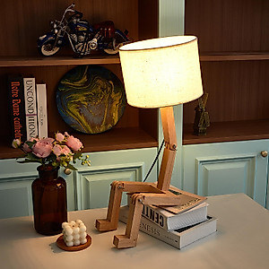 Kittmip Robot Cute Desk Lamp Novelty Wooden Creative Table Lamp with Wood Base Adjustable Shape Bedside Fun Funky Lamp Reading Wood Lamp DIY Fun Robot Lamp for Bedroom, Office, Study Desk, Kids Room