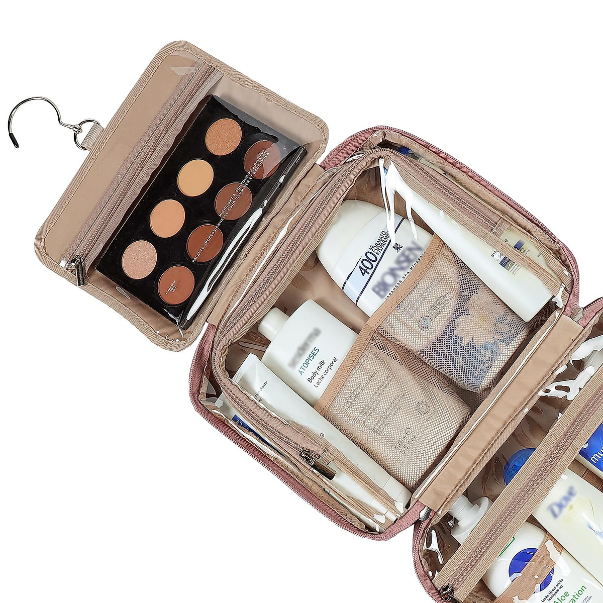 NISHEL Travel Toiletry Bag for Women Large Capacity, Makeup Essentials Organizer, Hanging Case for Accessories, Cosmetics, Rosewood-Pink