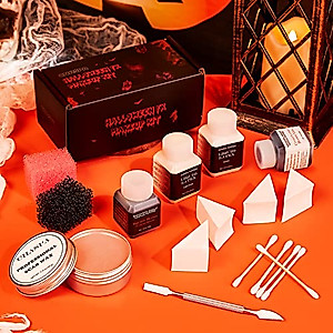 CHASPA Halloween Liquid Latex Special Effects SFX Makeup Kit - Scar Wax + 2 Btl Liquid Latex + 2 Btl Fake Blood + Spatula Tool + 2Pcs Stipple Sponge + 4Pcs Makeup Sponges + Cotton Swabs