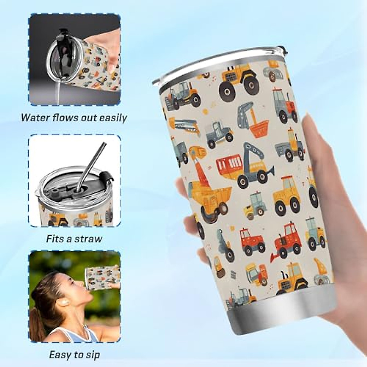 Vintage Cartoon Car Truck Gray Stainless Steel cups with lids reusable Leak-proof Lid and Straw travel coffee mug spill proof for outdoor simply insulated tumbler 20 OZ