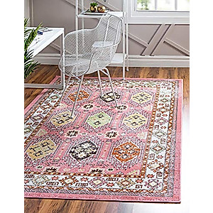 Unique Loom Aarhus Collection Geometric Border Rug_AAR004, 6 x 9 Feet, Rose/Ivory