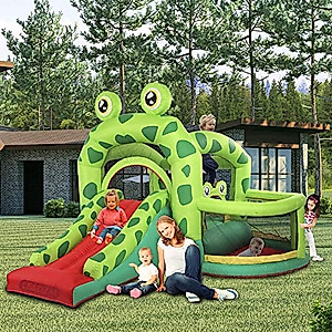 Bouncy Castle, Inflatable Castle, Frog Inflatable Bouncer, Activity Air Trampoline House with Slide and Blower, Outdoor Family Playground Garden Kid Toys Gift