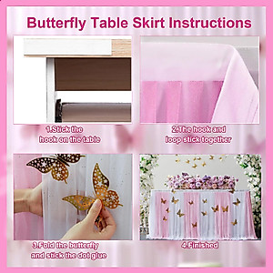 Albassa Table Skirts for Rectangle or Round Tables Pink Tulle TableCloth with 3D Butterfly for Princess Baby Shower Birthday Party Decorations（9ft*H 30in,Pink)