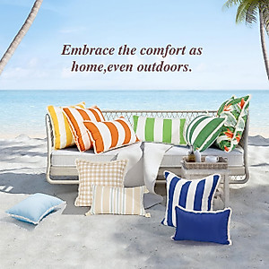 Lewondr Outdoor Throw Pillow Covers 12×20&18×18 Inch, Waterproof Throw Pillow Cases with Fringe, Striped Decorative Outdoor Cushion Covers for Garden, Patio, Couch, Balcony, 2 Pack, Beige