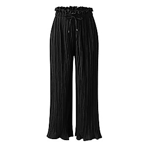 Womens Wide Leg Palazzo Pants High Waisted Lounge Pant Smocked Pleated Loose Casual Pant Suits for Women (Black, XL) X-Large