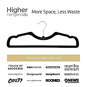 Higher Hangers Non-Slip Velvet Hangers, Slimline Space Saving Hangers for Clothes, Closet Organizer for College Dorms, RV’s, & More, Creates Closet Space, Reduces Wrinkles & Clutter, 40 Pc, Black