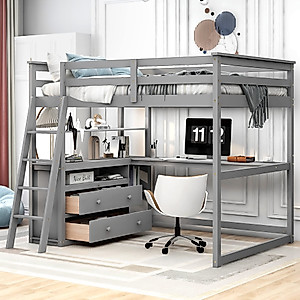 Full Loft Bed with Desk and Storage Drawers, Wood Full Size Loft Bed with Storage Shelves, Angled Ladder and Wood Slat Support, High Loft Bed for Kids, Teens, Adults Boys & Girls, Gray