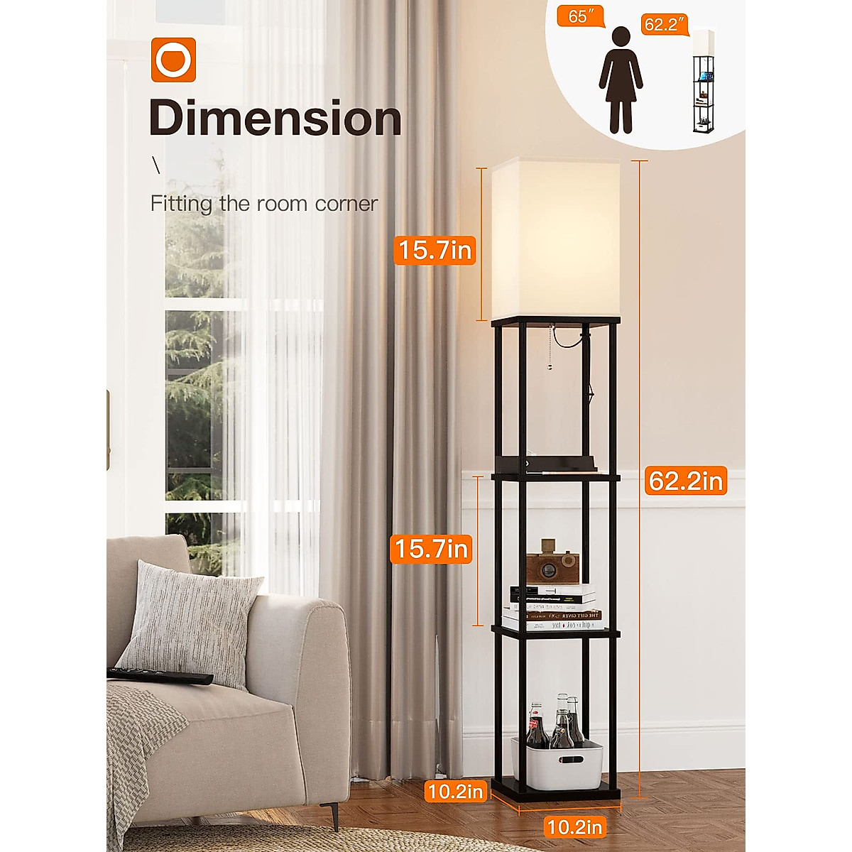 addlon Shelf Floor lamp with Remote, with 2 USB Charging Ports and 1 Power Outlet, Floor lamp with Shelves for Living Room, Bedroom and Office - Black