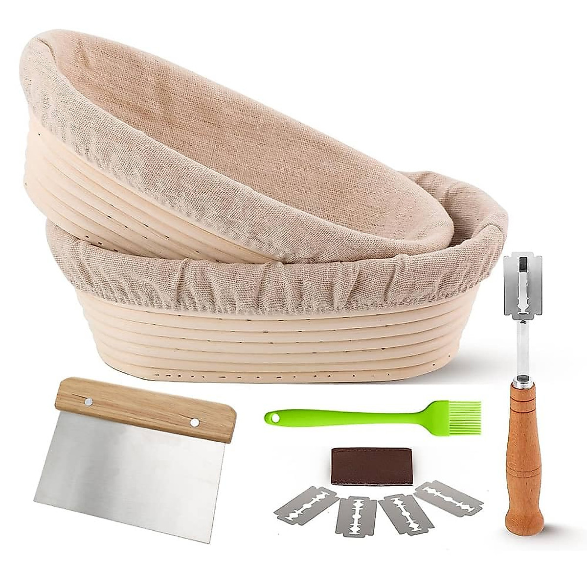 Bread Banneton Proofing Basket Set of 2,10 Inch Oval Cane Sourdough Baskets with Lame + Dough Scraper Linen Liner Basting Brush for Making Baking