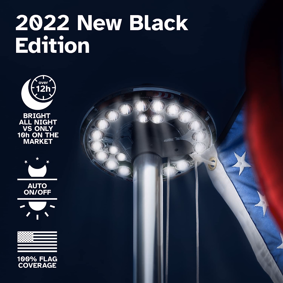 Deluxe Black 2nd Generation Flag Pole Light Solar Powered, 1300 Lumen Weatherproof Solar LED Light for Most Flagpoles, 100% Flag Coverage from Dusk to Dawn for 12 Hours, Black