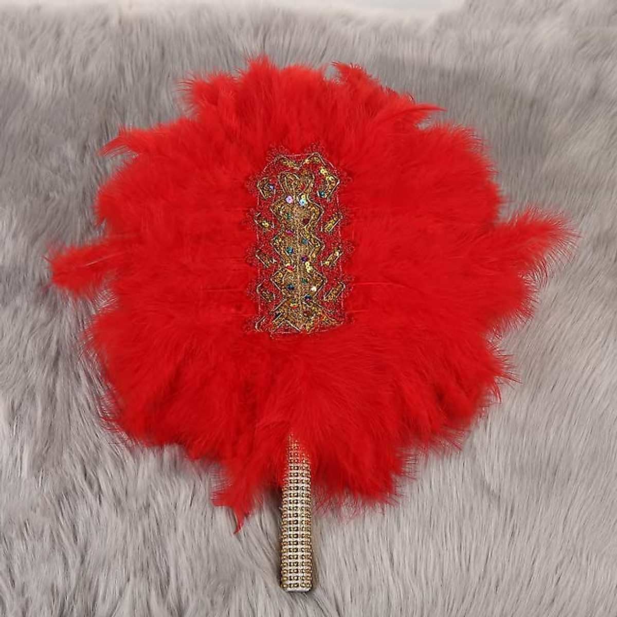 African Custom Wedding Feather Hand Fan Lace Dance Fan with Sequins Stone Handmade Abanicos para Boda Bride Hand Held Photo Prop