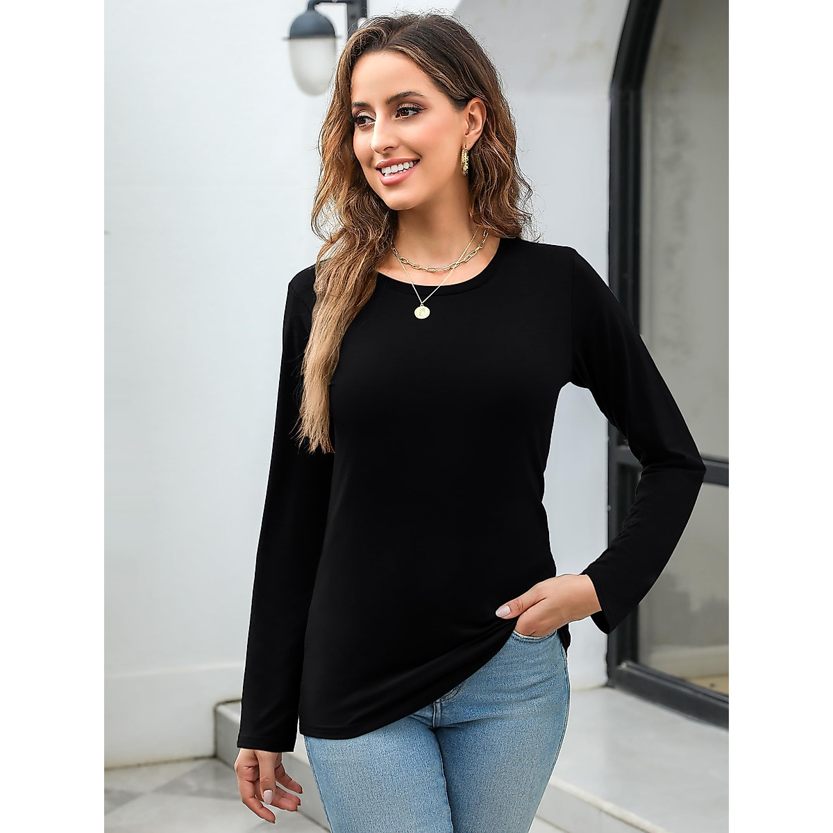 Elesomo Women Long Sleeve T Shirts Casual Fitted Crewneck Cotton Tee Tops, Black L