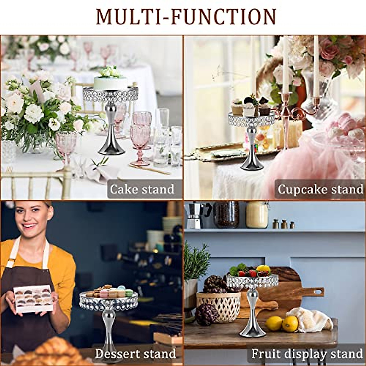 ELLDOO Set of 3 Crystal Wedding Cake Stands, 8/10/12 Inch Silver Round Cake Display Stand Pedestal, Metal Cupcake Stand Dessert Stand for Parties Birthday Baking Party Baby Showers Anniversary