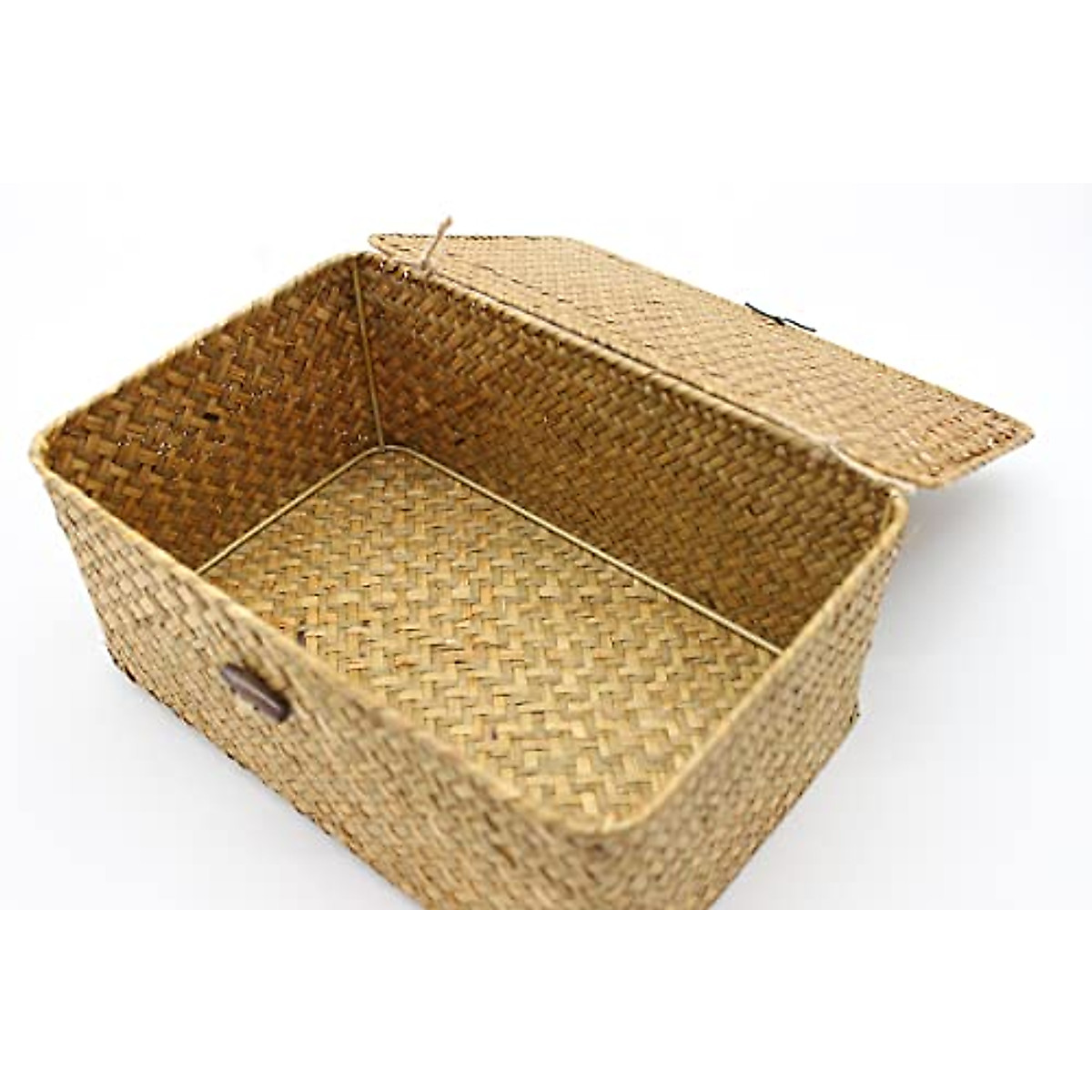 Handwoven Seagrass Storage Bins Box with Lids, Rectangular Wicker Basket Storage Basket, Shelf Baskets Set of 3