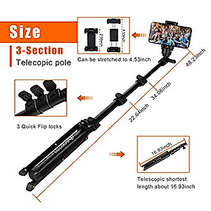 Geekoto Cell Phone Tripod: Extendable Phone Tripod,Selfie Stick with Remote,Heavy-Duty Aluminum Built,for iPhone&Android Phone/Camera/Gopro