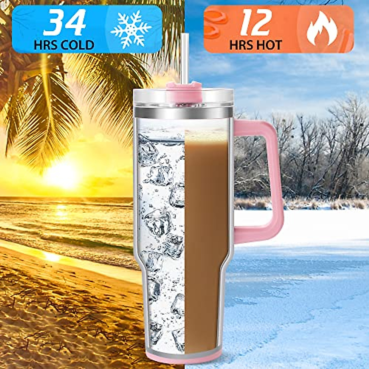 Skywerc 40 oz Tumbler With Handle and Straw | Double Wall Vacuum Insulated Travel Mug | Stainless Steel Water Bottle Cup | Keeps Drinks Cold up to 34 Hours | Cupholder Friendly | BPA Free | Pale Pink
