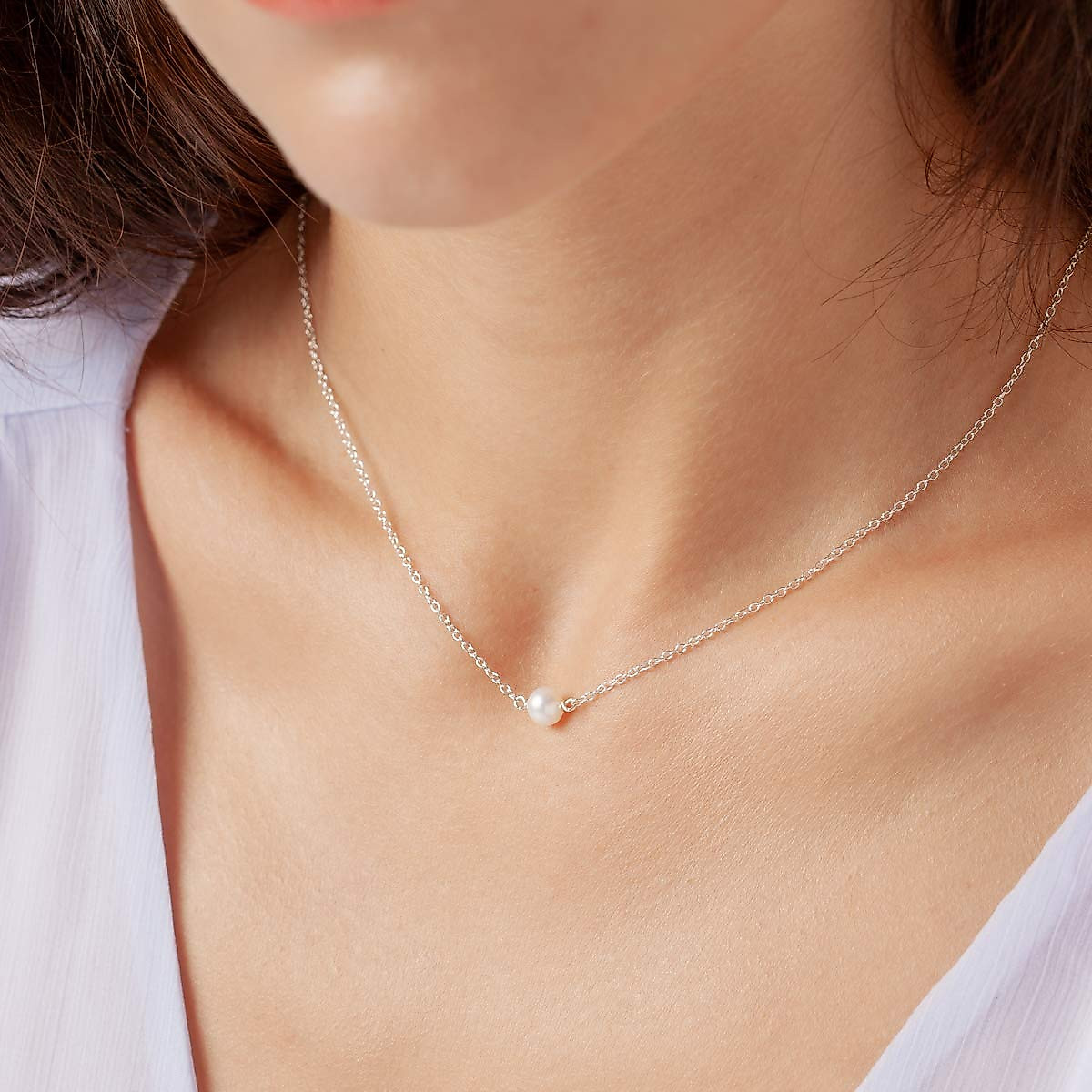 Single Pearl Necklace Choker, Simple Dainty Jewelry, White Handpicked Freshwater Pearl Pendant, 14K Gold Filled Chain, Made in USA, 13"-16" Adjustable (Pearl Choker/S925)