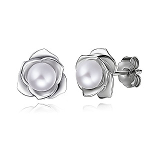 "Lovely Rose" High Polished 925 Sterling Silver Earrings with 7-8mm Natural Freshwater Pearl (Jewels Set)