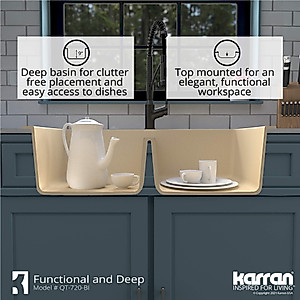 Karran QT-720 Drop-In Quartz Composite 34 in. 1-Hole 50/50 Double Bowl Kitchen Sink Kit in Bisque
