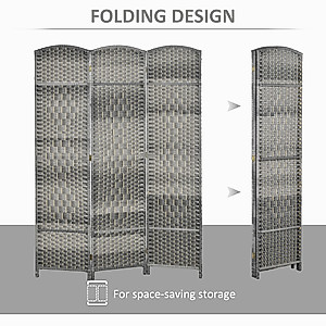 HOMCOM 3 Panel Room Divider, 6' Tall Folding Privacy Screen, Hand-Woven Freestanding Wall Partition for Home Office, Bedroom, Mixed Gray
