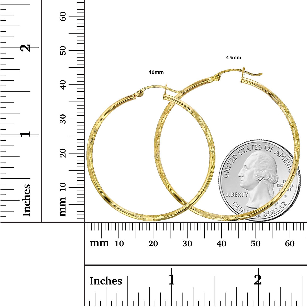14k Yellow Gold Solid Polished Diamond Cut Hoop Earrings for Women | 2mm Thick | Classic Style | Diamond Cut Hoop Earrings | Secure Click-Top | Shiny Polished Earrings for Women, 2x45mm