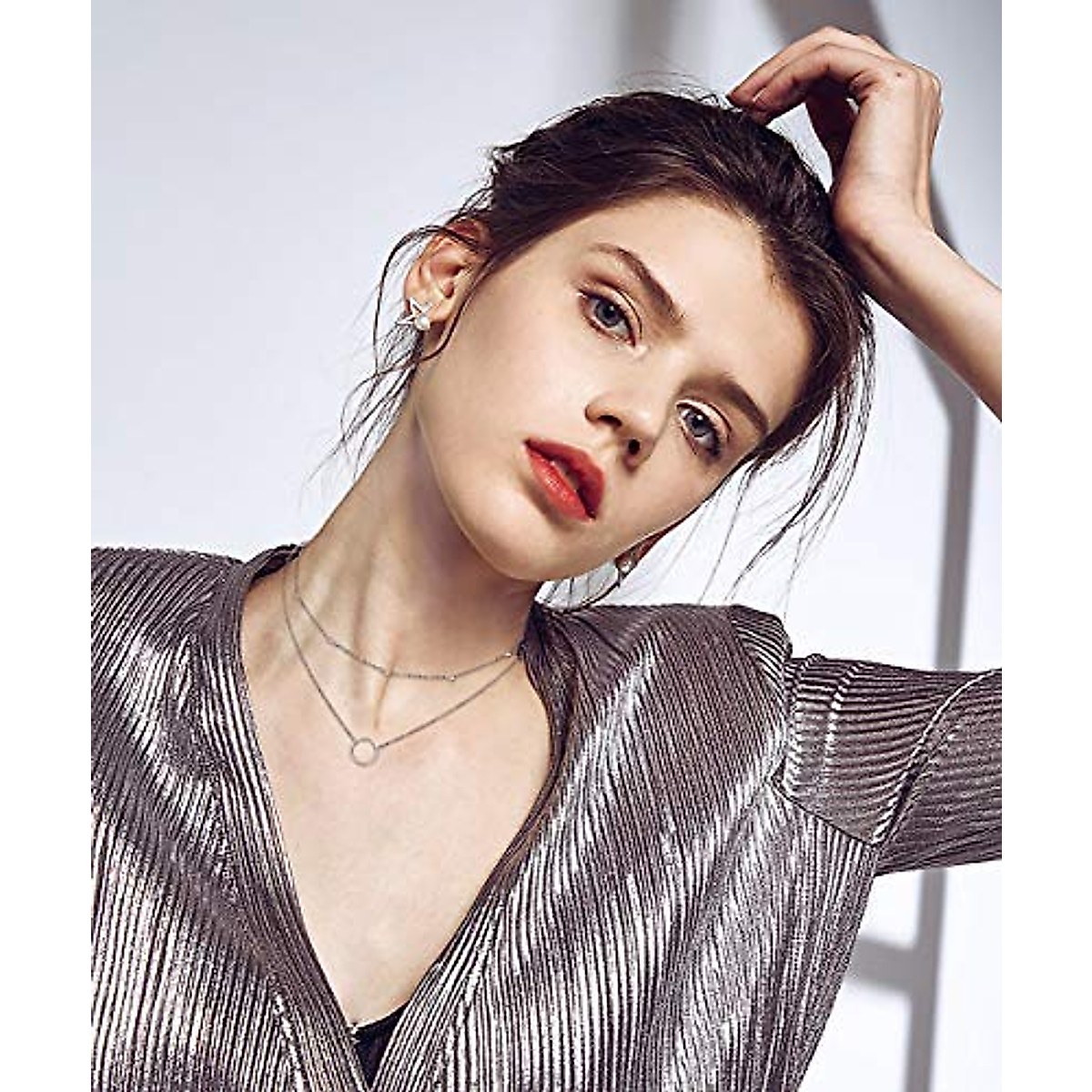 FLYOW Circle Choker Necklace S925 Sterling Silver Layered Dainty Simple Choker Necklace Circle Pendant for Women Birthday Gift