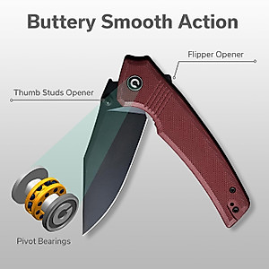 CIVIVI Tranquil Folding Pocket Knife for EDC, 3.7'' Swedish 14C28N Blade, Ergonomic Grip, Solid Liner Lock, Reversible Pocket Clip C23027-2（Burgundy）