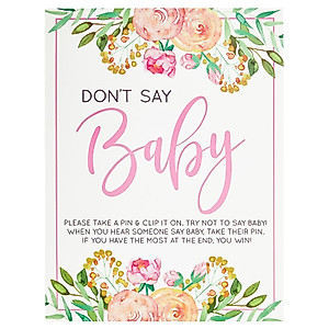 Sparkle and Bash Floral Baby Shower Clothespin Game For Girl, Don't Say Baby Theme with 60 Pink Clothes Pins and 8x10-Inch Sign