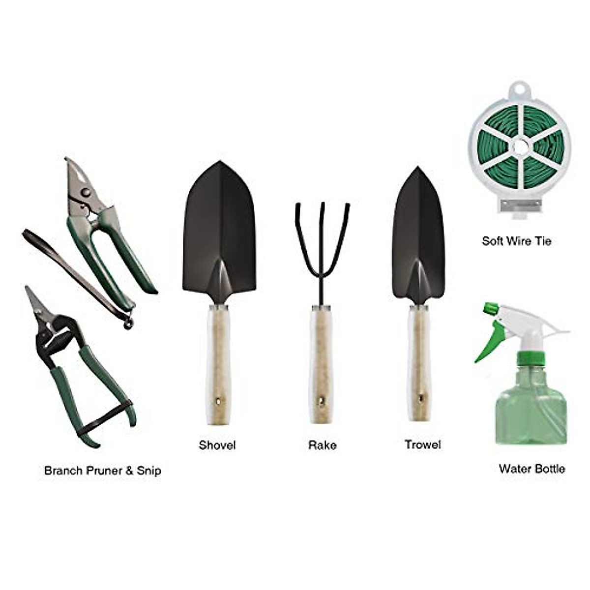 Garden Hand Tool Set with Canvas Tote, Ultimate Gardening Tools Kit, Branch Pruner & Snip, Shovel, Rake, Trowel, Soft Wire Tie and Water Bottle in a Durable Canvas Tote