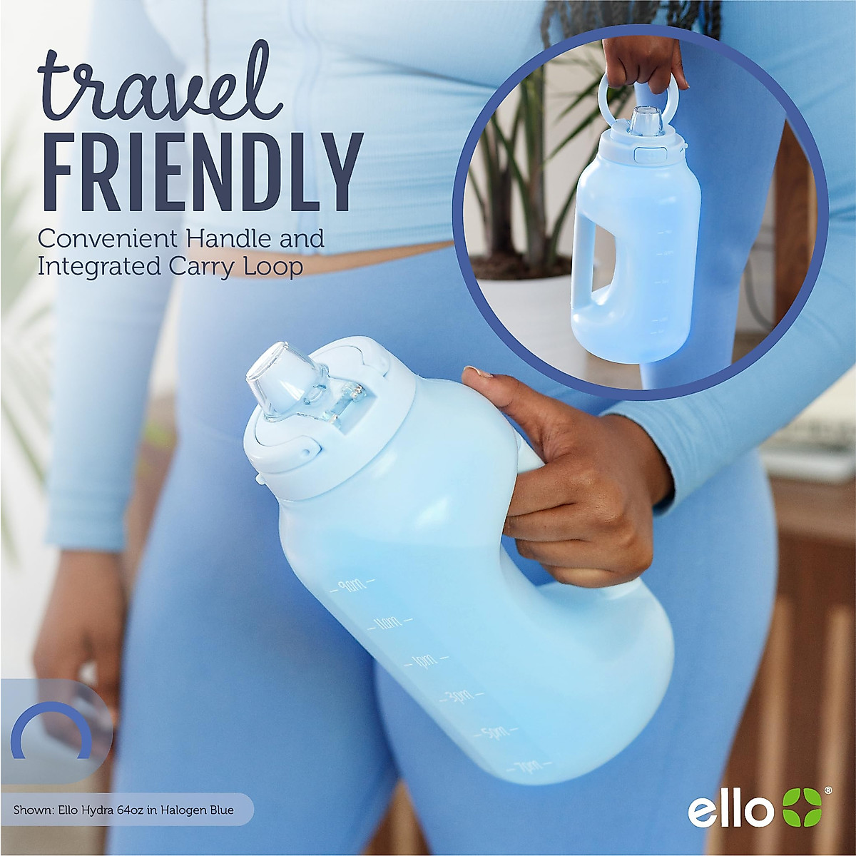 Ello Hydra Half Gallon Jug with Time Marker & Handle for All Day Hydration & Silicone Straw with Locking, Leak Proof Lid BPA Free, Yucca, 64oz