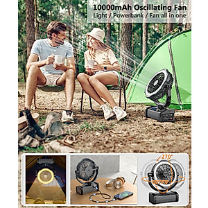 HonHey Portable Battery Operated Fan Camping Essentials, 10000mAh Rechargeable Fan with oscillation LED Light, 9 inch Outdoor Fan with Remote 270° Rotation 4 Speeds Personal Fan for Tent Picnic Travel