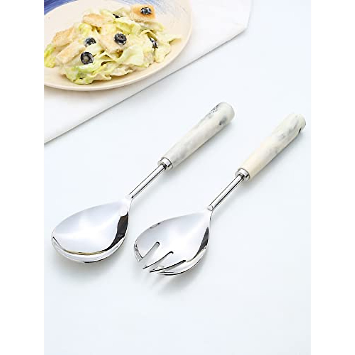 YoTreasure Tiramisu Resin & Stainless Steel Ivory Salad Server Spoon and Fork Set Cooking Utensils for Kitchen