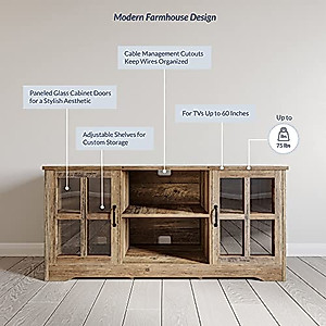 BELLEZE Modern 52 Inch Traditional TV Stand & Media Entertainment Center Console Table for TVs up to 55 Inch or Sideboard Buffet with Wood Glass Storage Cabinets - Cori (Rustic Oak)