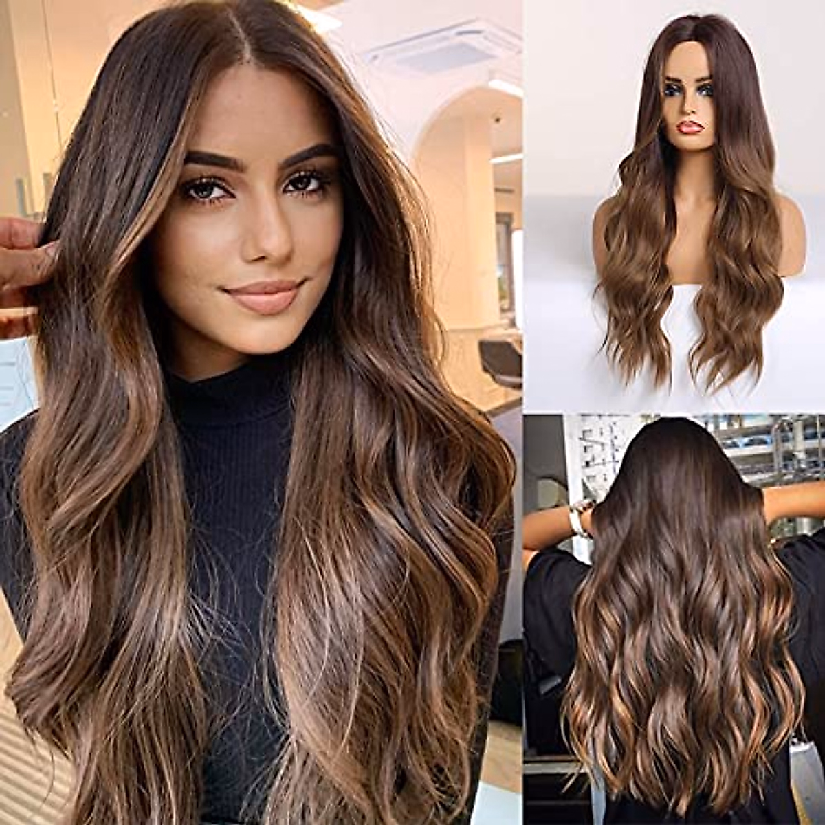 HAIRCUBE Long Ombre Brown Wigs for Women Synthetic Curly Wavy Hair Wig for Daily