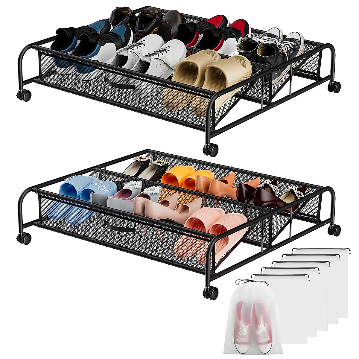 RJ-Global Under Bed Shoe Storage with Wheels, 2 Pack Under Bed Shoe Organizer with Metal & Mesh Cloth, Rolling Under Bed Storage Containers, Shoe Rack Under the Bed for Apartment Space Saving (Large)