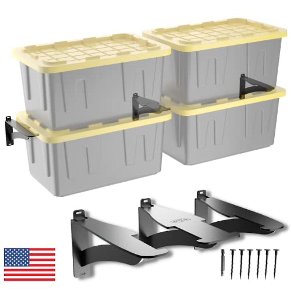 Koova Wall Mounted Tote Rack Storage System, Fits 27-Gallon Black and Yellow Commander Style Bins, Wall Mount Bracket Shelves for Garage or Shed Organization, Heavy Duty Steel, Made in USA (3-Piece Set)
