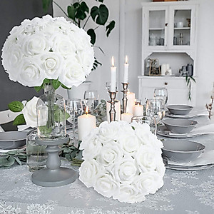 EZFLOWERY Artificial Roses Flowers 25pcs Real Looking Fake Roses w/Stem for DIY Wedding Bouquets Centerpieces Arrangements Bridal Shower Party Home Decorations (White)