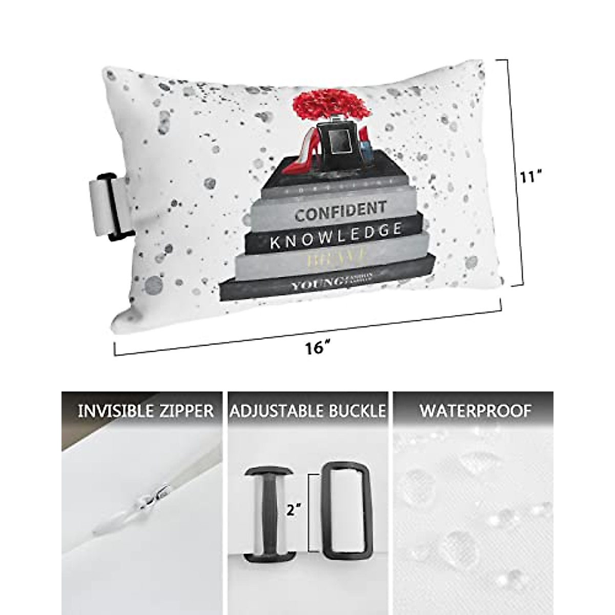 Fashion Lady Theme Outdoor Pillows for Chaise Lounge Chair, Flower High Heels Lipstick Perfume Waterproof Lumbar Head Support Pillow with Adjustable Elastic Band for Pool Patio Furniture Decorative