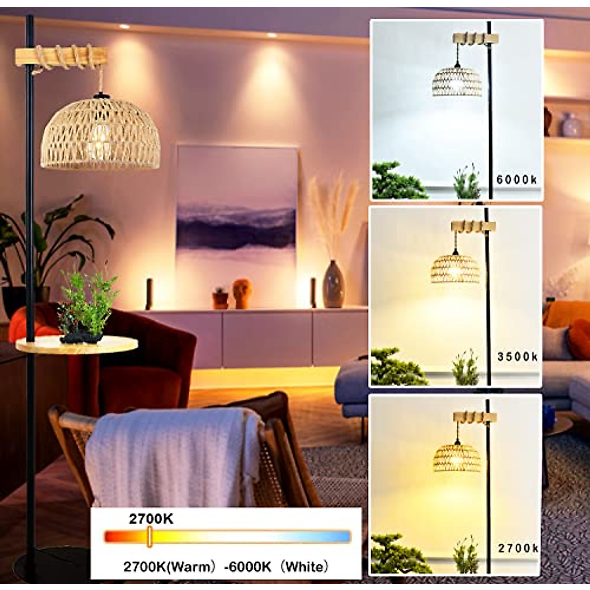 QIYIZM Floor Lamp with Table and Shelves for Living Room Bedroom Rattan Shelf Floor Lamps with Remote Boho Dimmable Standing Lamp Wicker Bamboo Wood Farmhouse Black Tall Lamp Rustic Floor Light