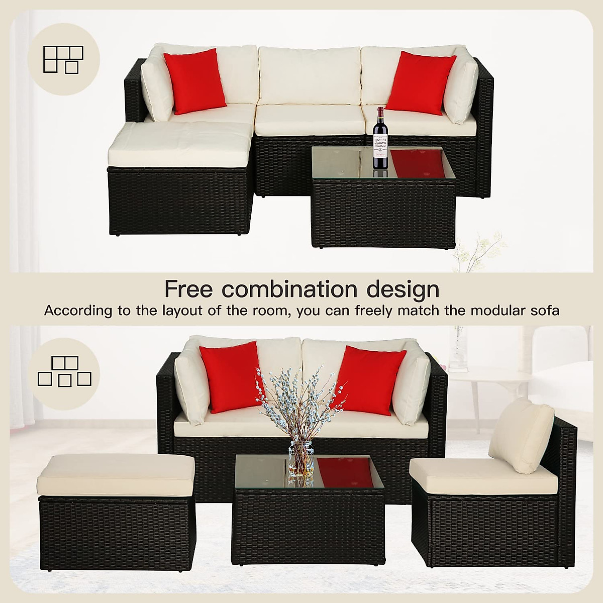 5 Pieces Rattan Patio Furniture Sets Patio Sofa Wicker Sectional Sofa Modular Outdoor Conversation Sofa Set with 2 Red Pillow 2 Corner Chair Armless Chair Ottoman Chair Glass Table,Khaki Cushion